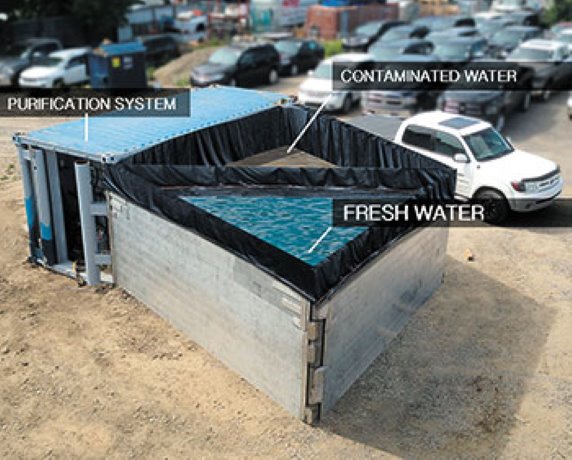 Shipping container unloads itself and then expands